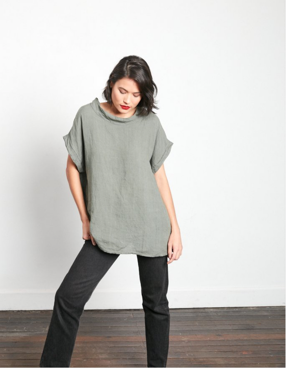 Montaigne Italian European Linen Short Sleeve Top with Semi Cowl Neck ...